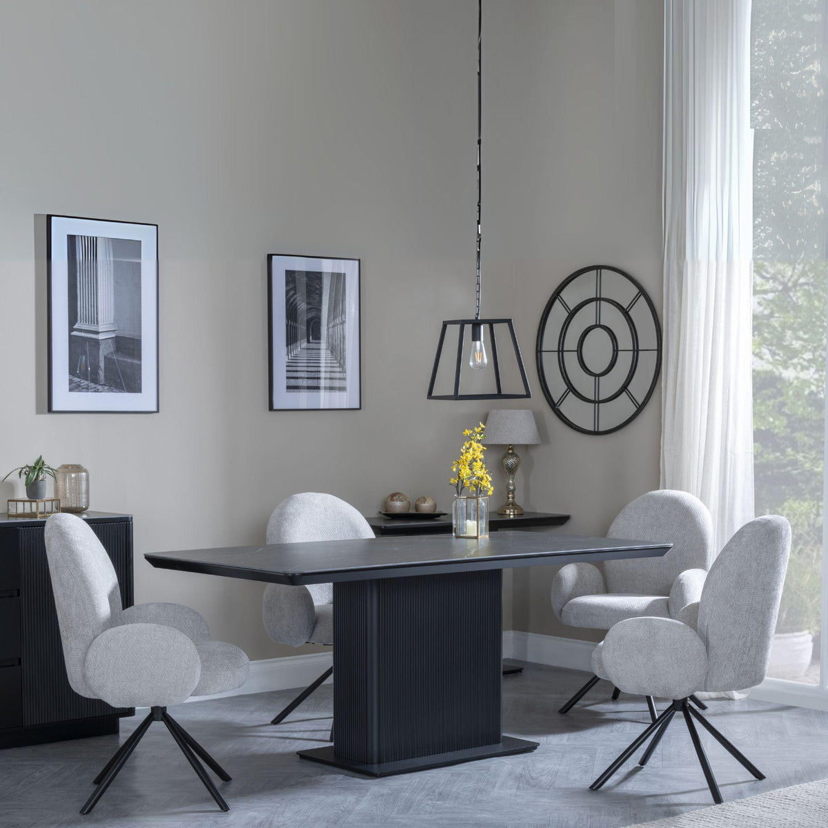 Buy Morgan Black Ceramic Fluted Dining Set - Theo Grey Fabric Swivel ...